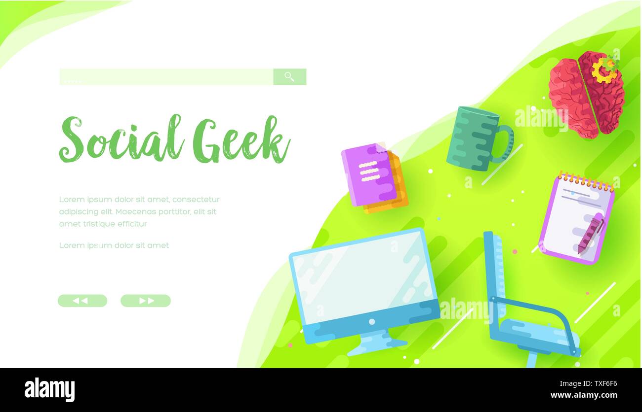 Social geek vector landing page template. Children hobbies, pastime web ...