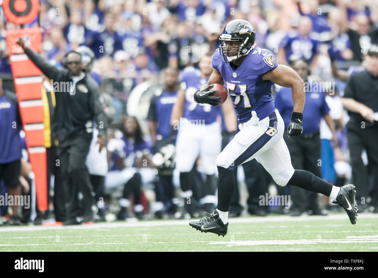 Baltimore Ravens' linebacker Daryl Smith runs back an interception for ...