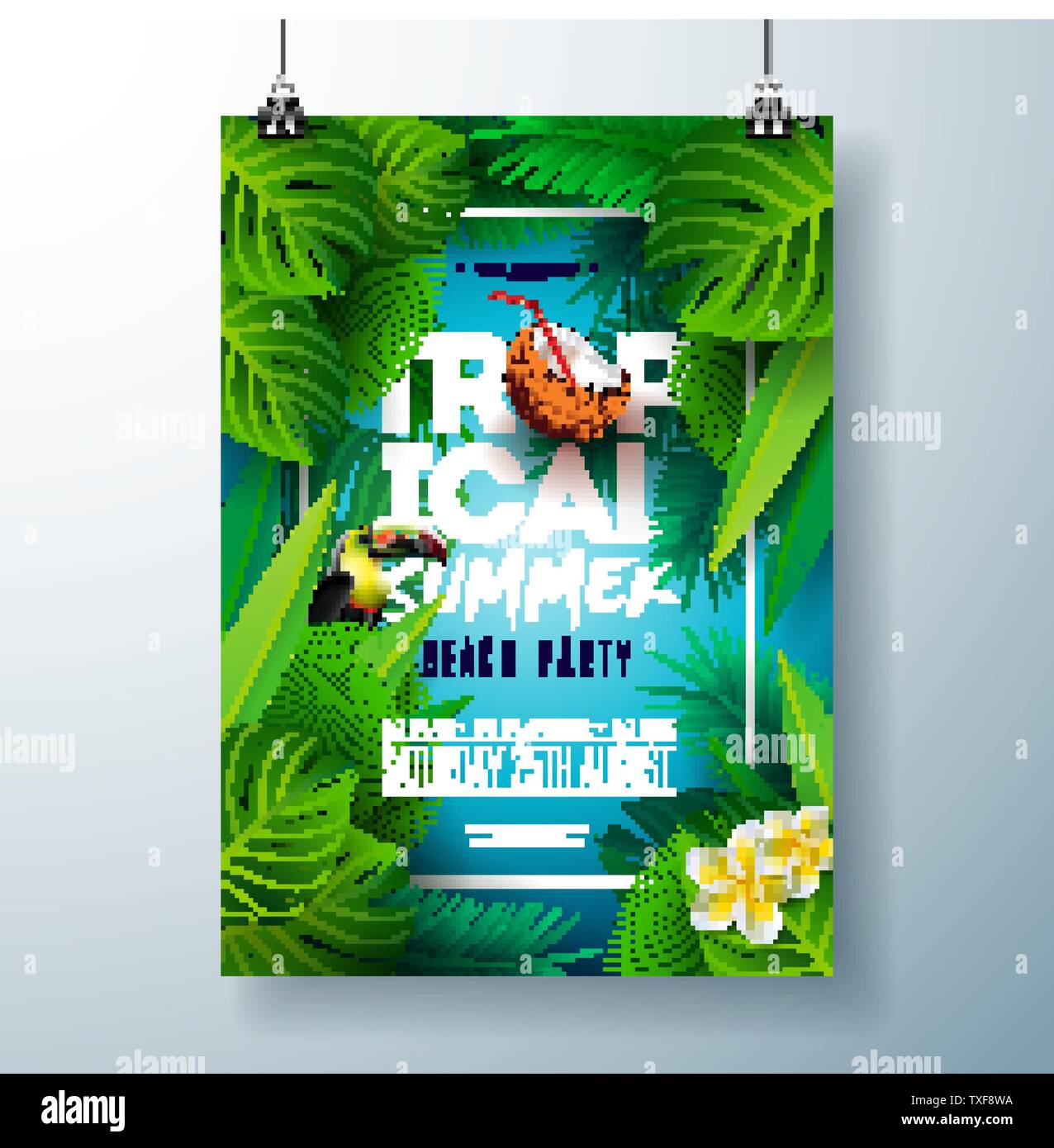 Tropical Summer Beach Party Flyer Design with flower, coconut, palm ...