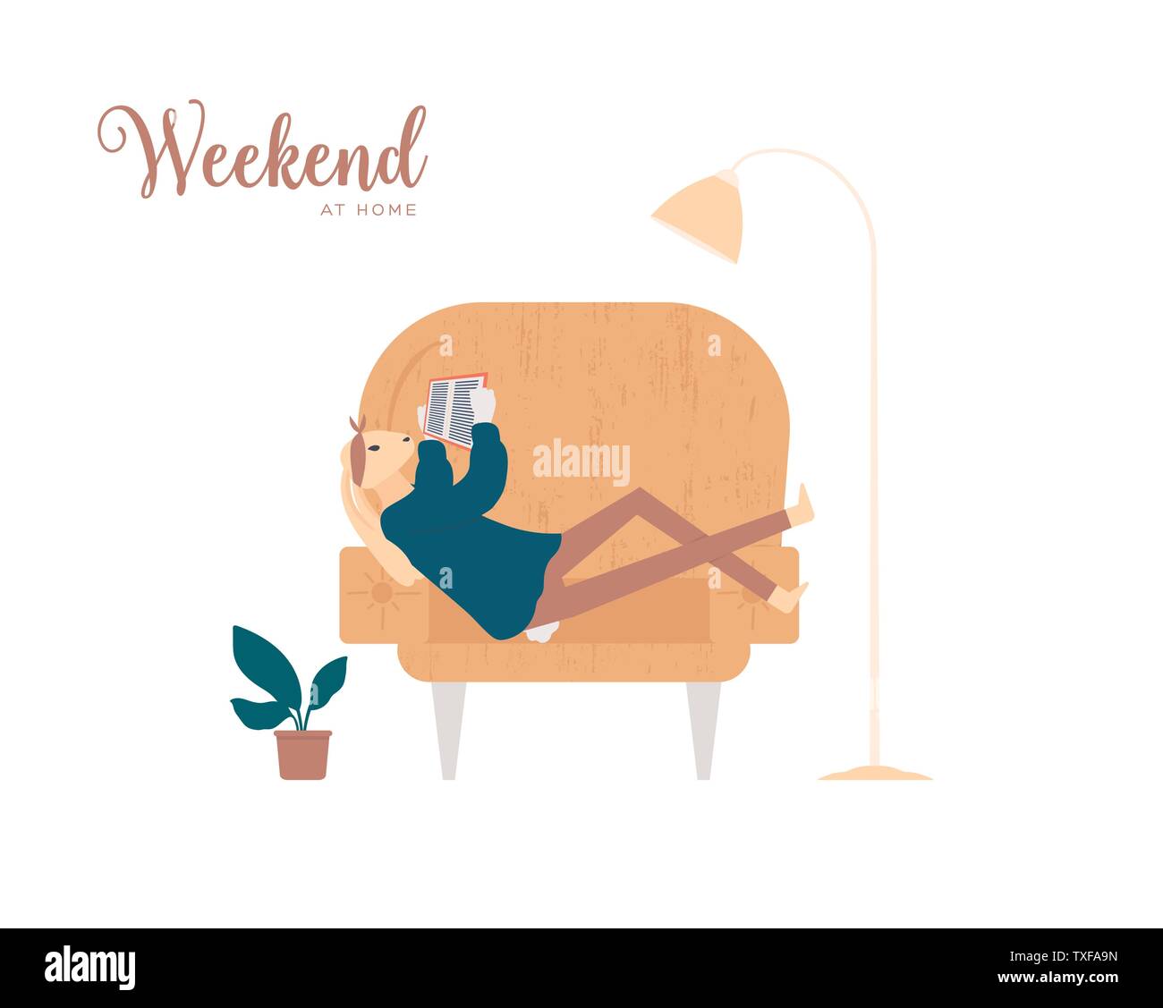 Girl reading book vector illustration. Weekend at home cursive ...