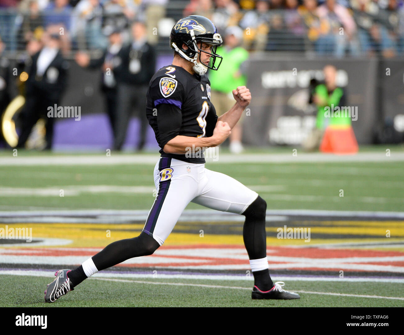 Baltimore Ravens kicker Justin Tucker celebrates his 50-yard field goal ...