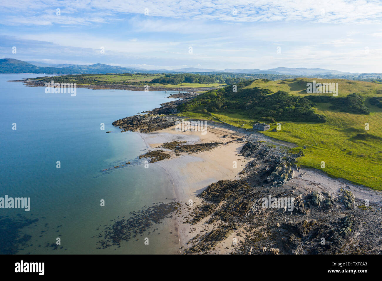 Aerial view of Knockbrex beach, near Borgue, Dumfries & Galloway ...