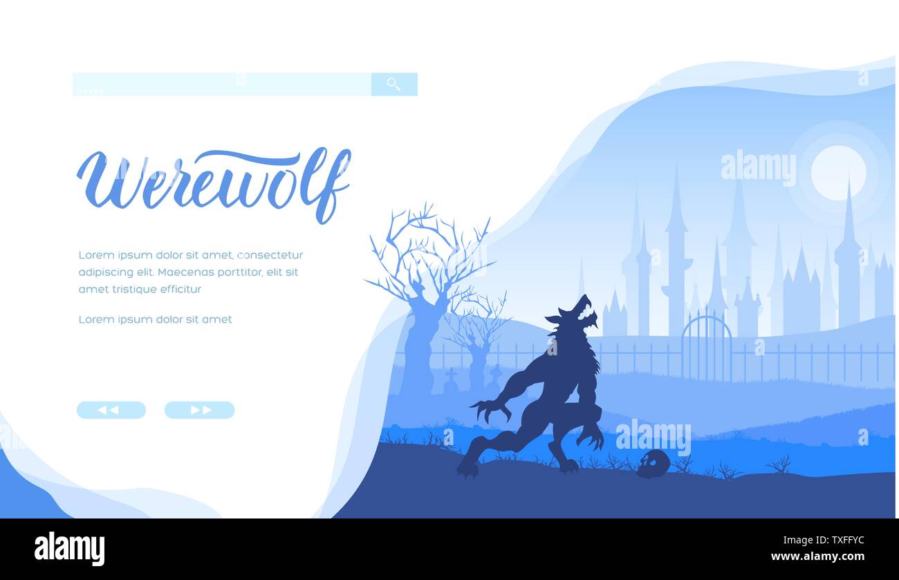 Werewolf vector landing page template. Fantasy, mystical stories web ...