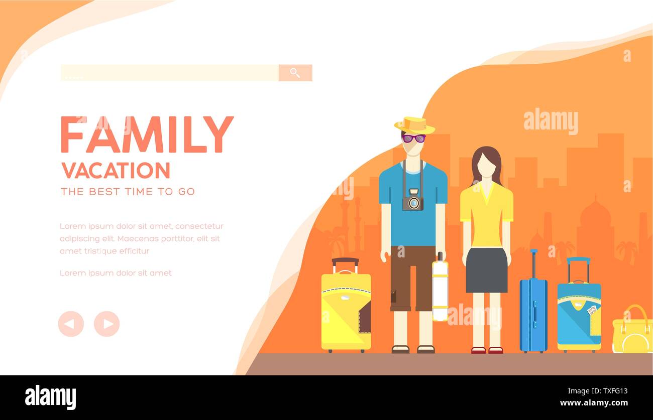 Family vacation vector landing page template. Couple going on summer ...