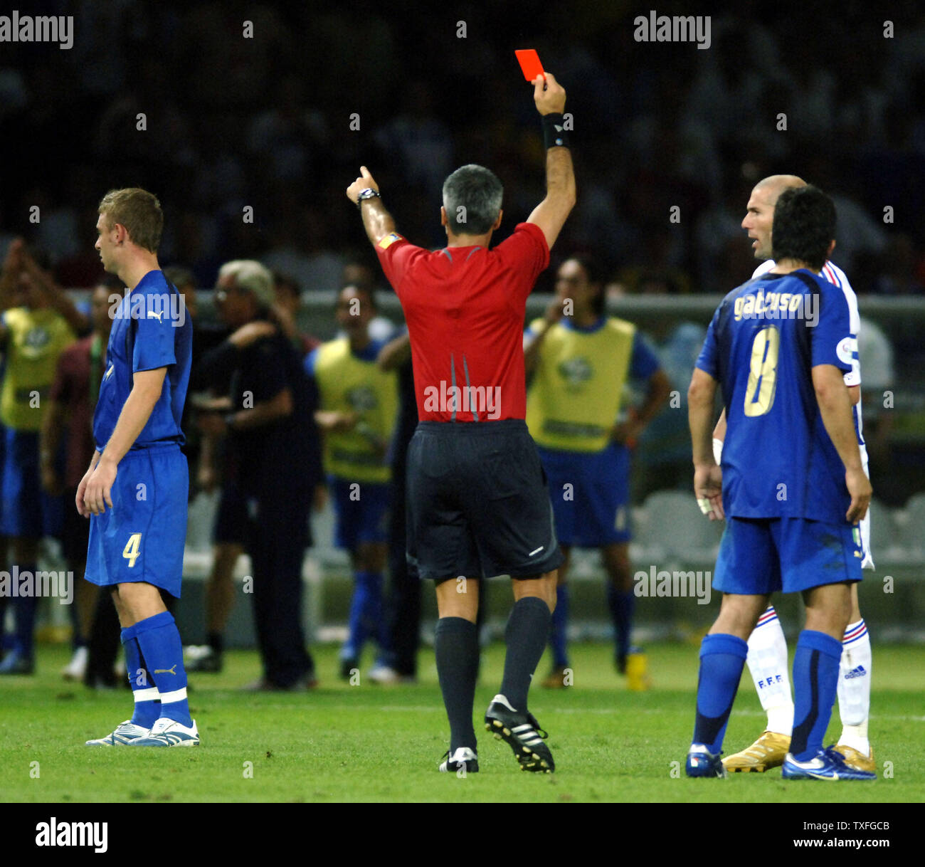 France's Zinedine Zidane gets a red card and is exjected from the match ...