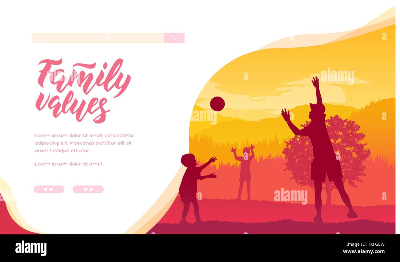 Family values vector landing page template. Dad and sons playing with ...