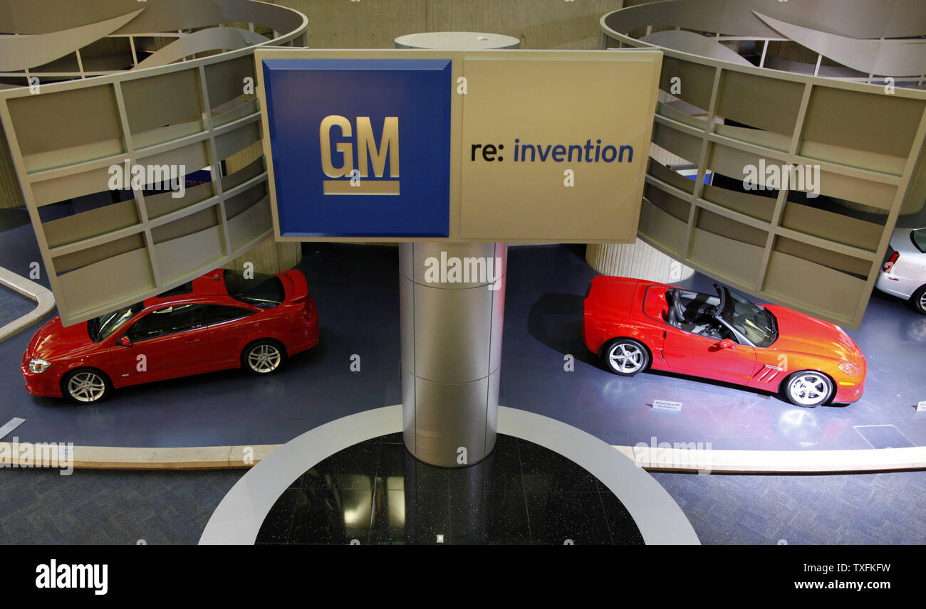GM cars and trucks are displayed in the motor lobby at the General ...