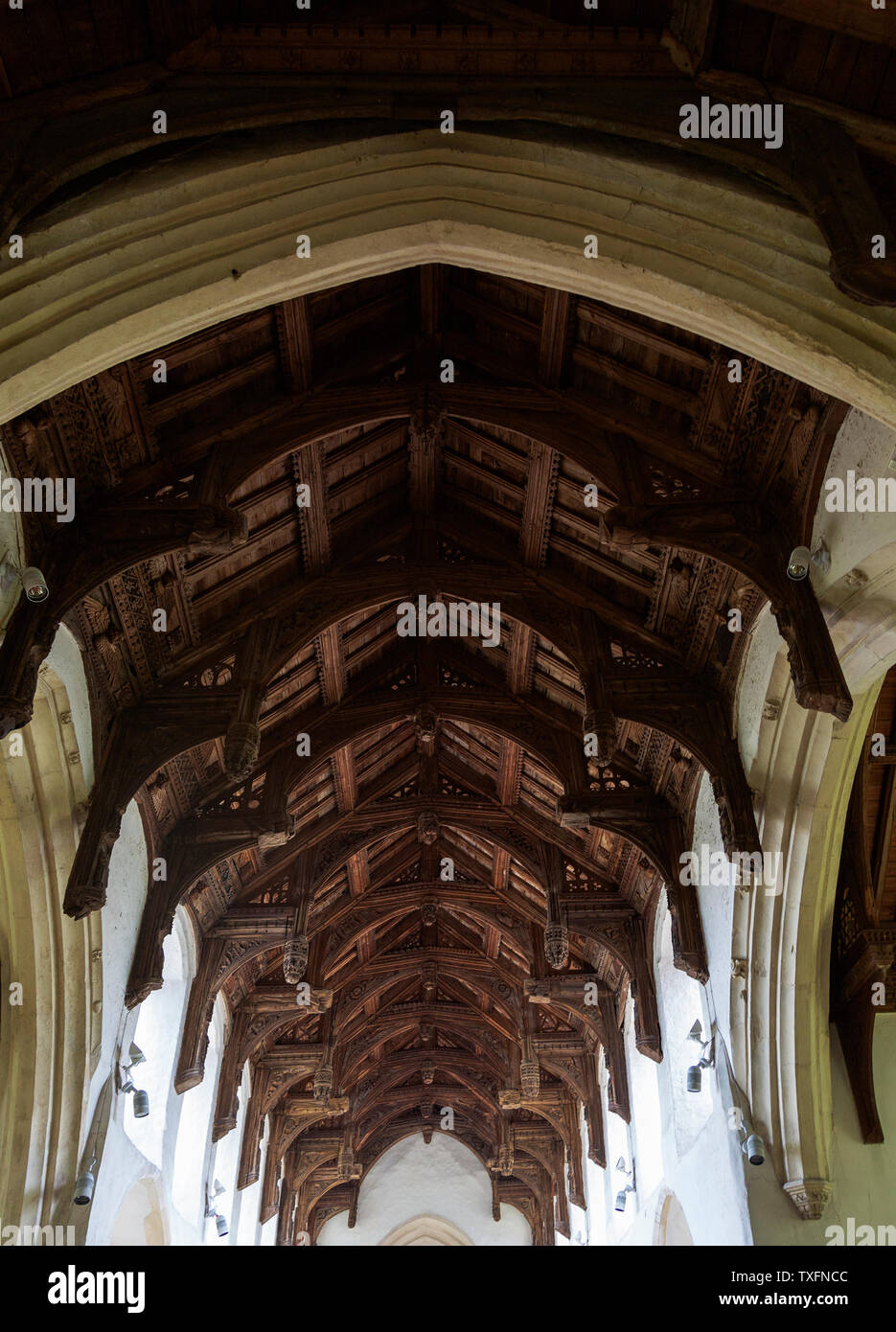 Hammer beam roof in village parish church of Saint Mary, Earl Stonham ...