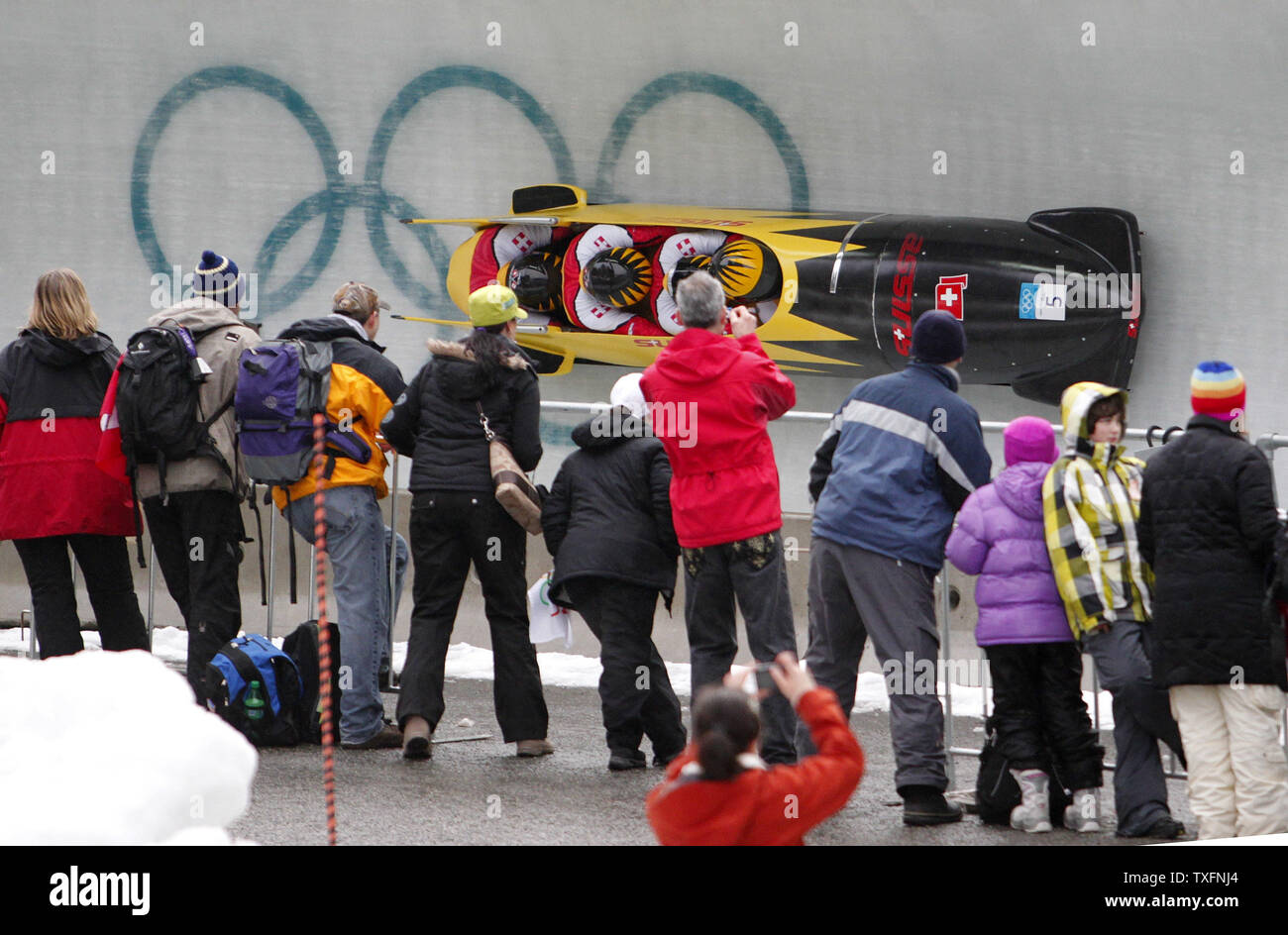 The Swiss bobsleigh team competes in the four-man bobsleigh event at ...