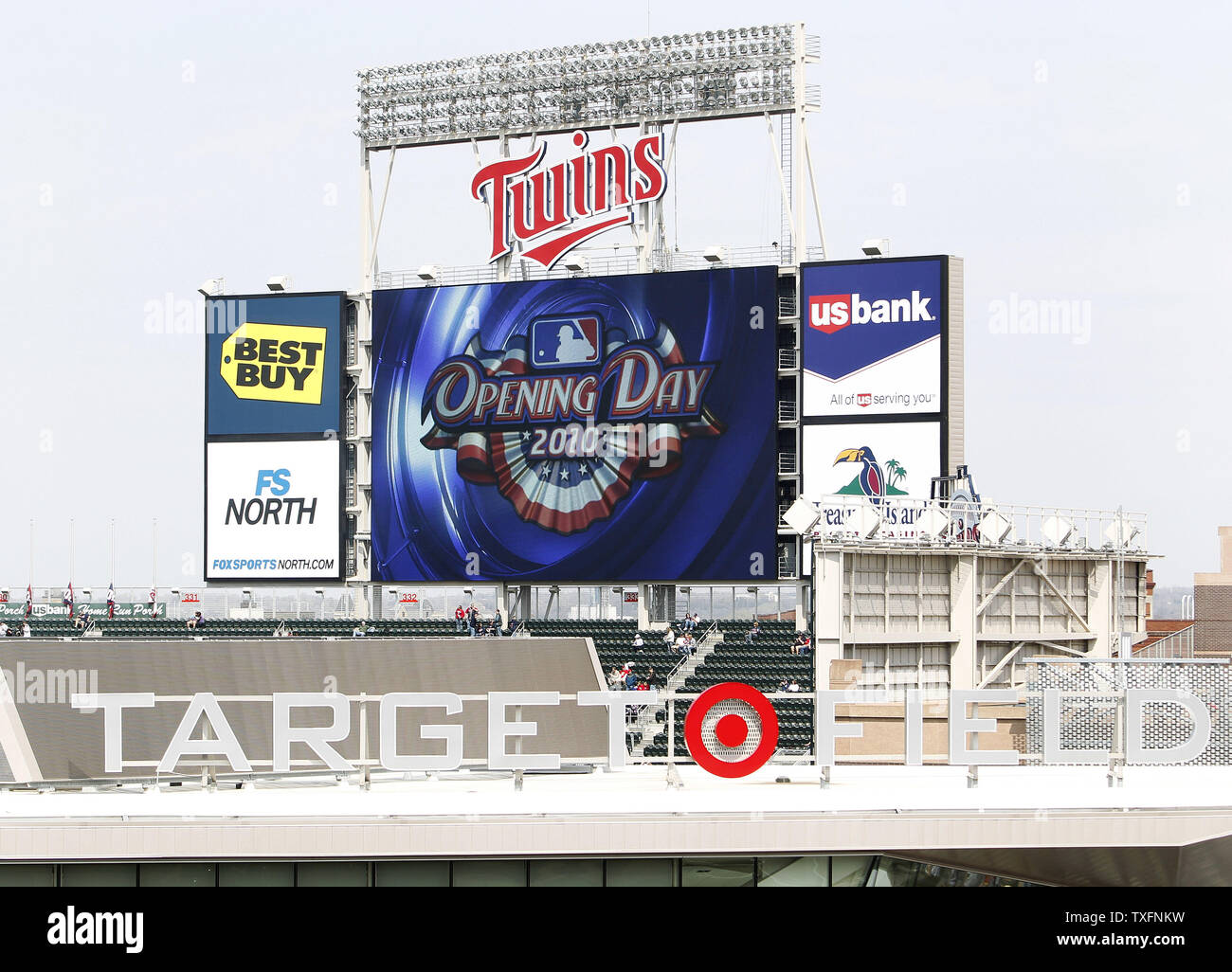 The scoreboard at Target Field shows the Opening Day logo before the ...