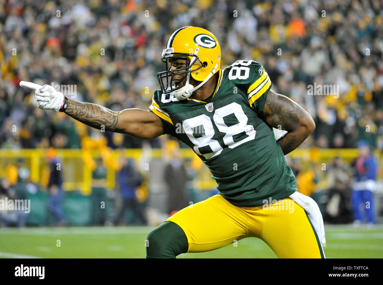 Green Bay Packers tight end Jermichael Finley (88) signals first down ...