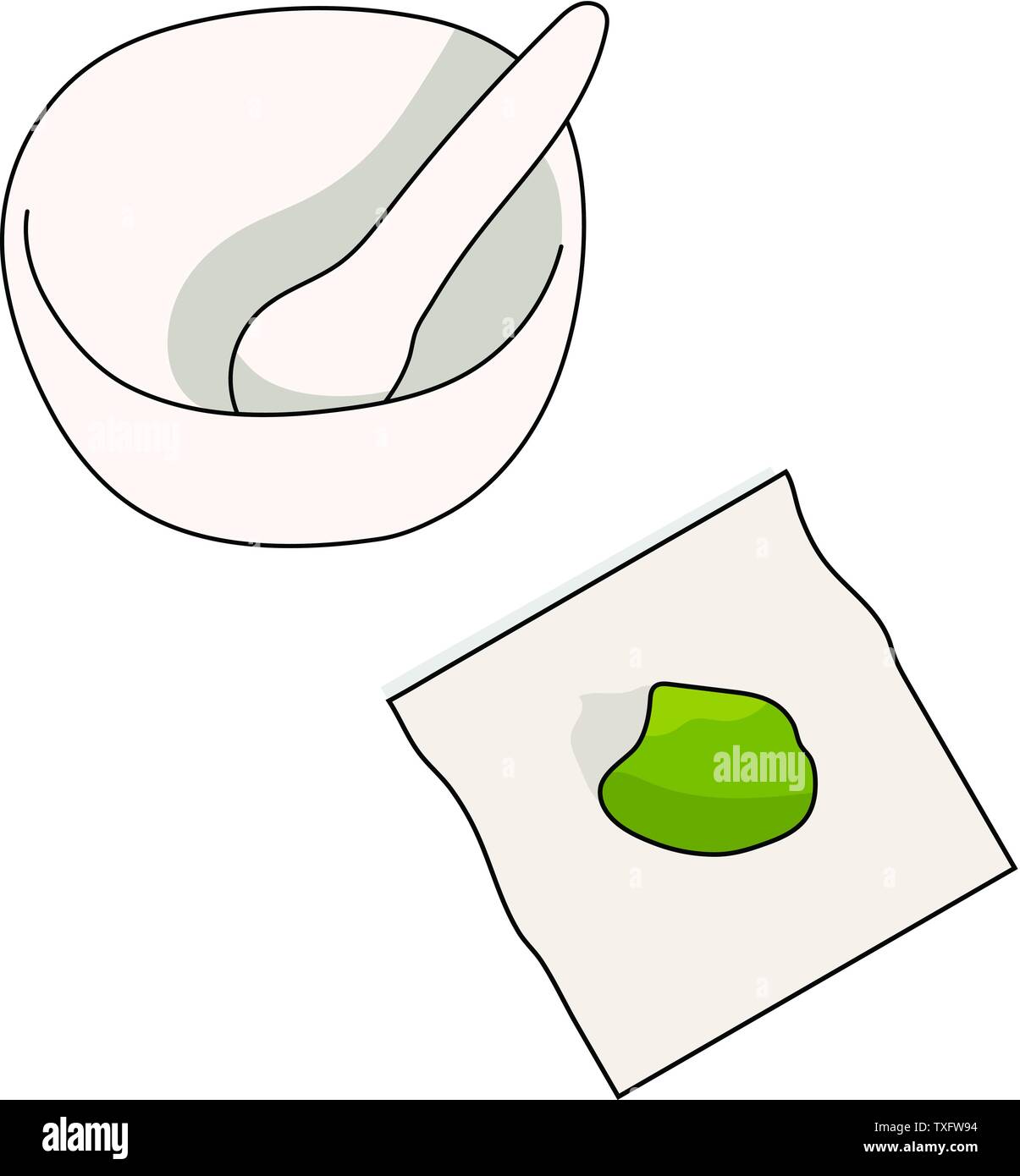 Cartoon Mortar and Paper with Healing Herbs isolated on white ...