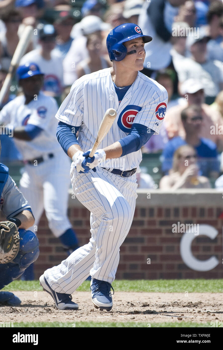 Chicago Cubs' Anthony Rizzo follows through on a double during the ...