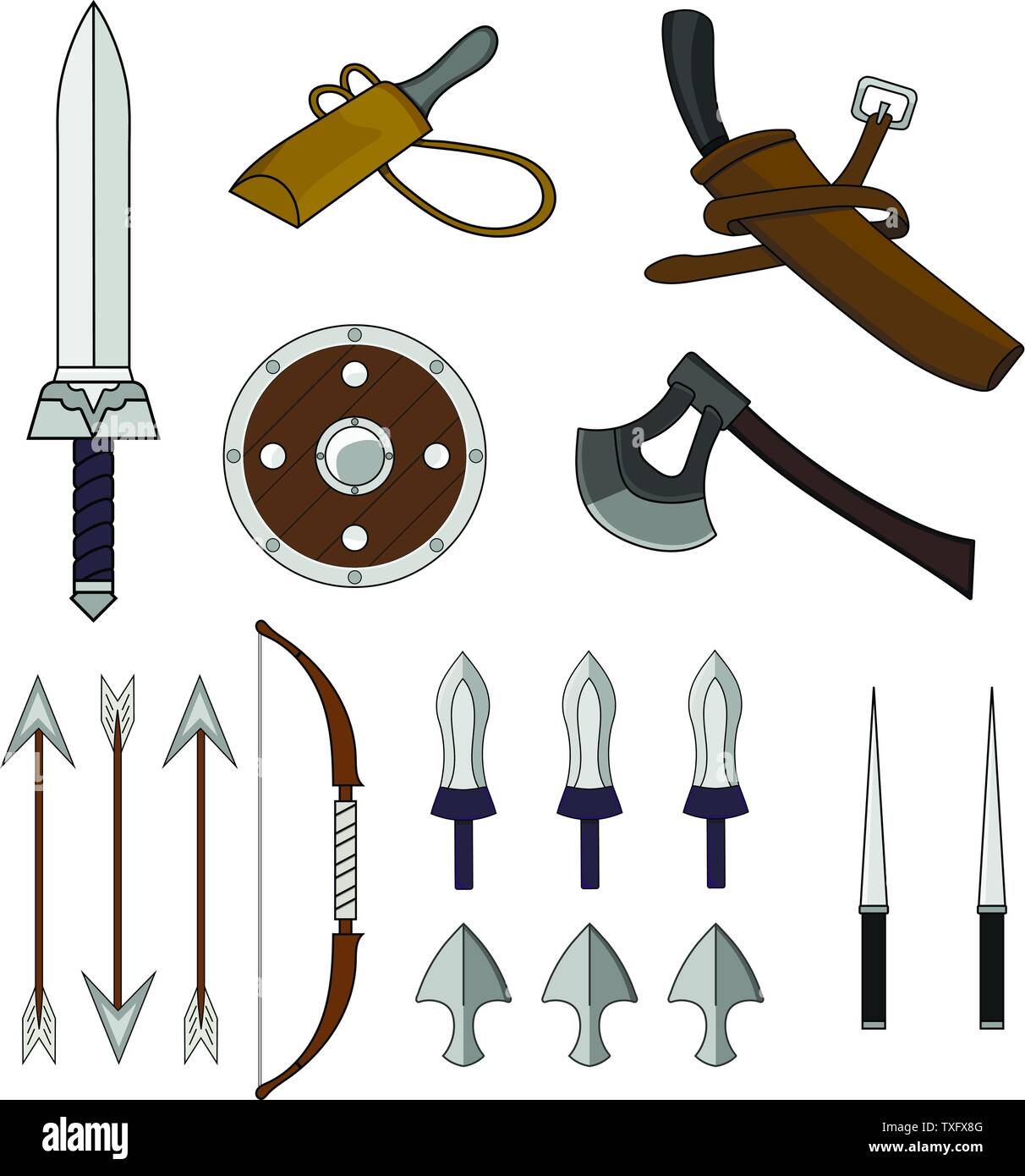 Cartoon Set of Different Weapons isolated on white background. Shield,Bow, Axe, Sword, Dagger ...