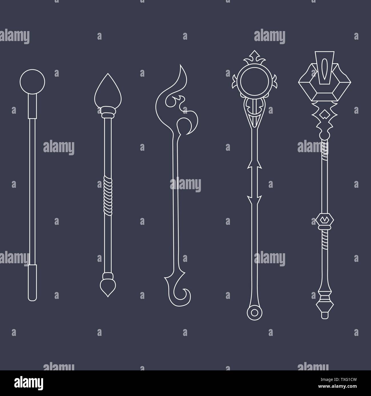 Set of Staff Icons isolated on white background. Magic Weapon. Vector ...