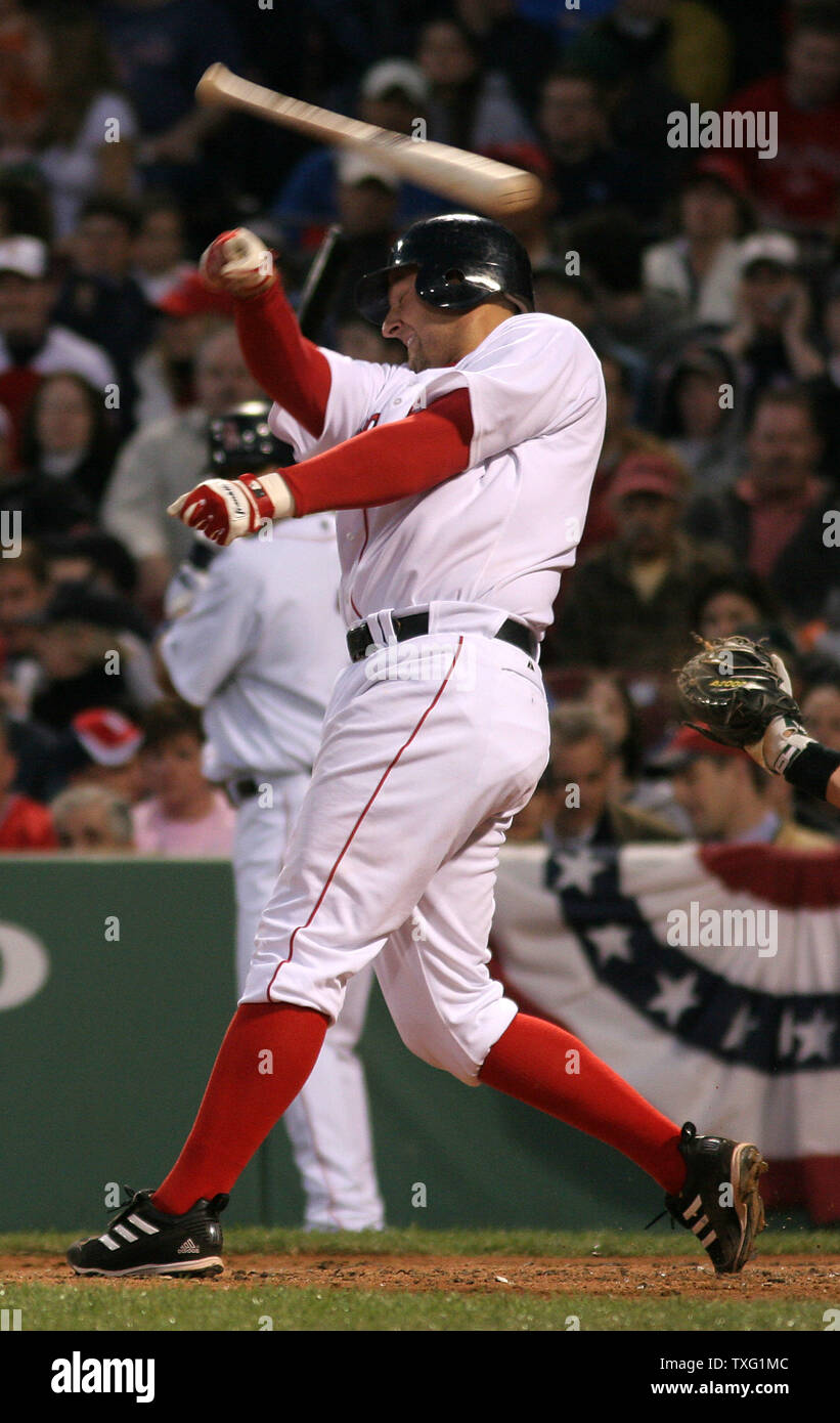 Boston Red Sox catcher Josh Bard loses grip on his bat during the ...