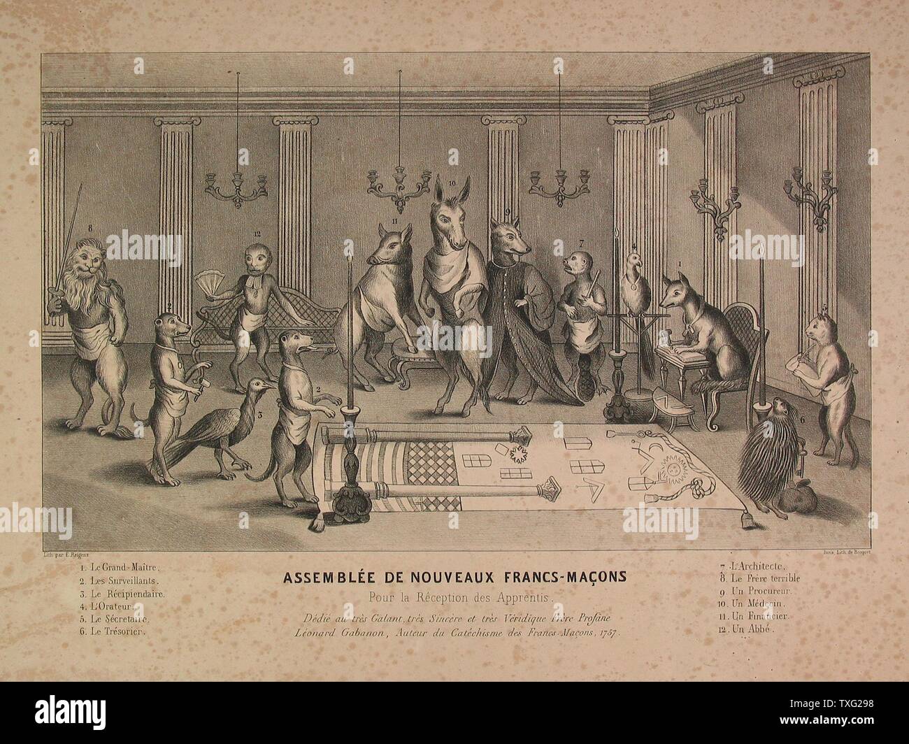 Meeting of new freemasons, satiric engraving with figures in the form ...