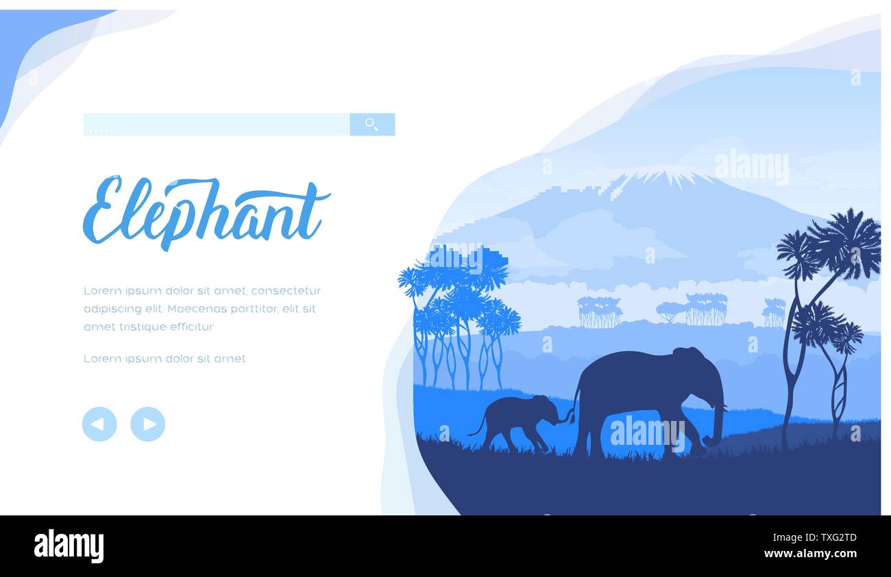 Elephants vector landing page template. Savanna landscape flat ...