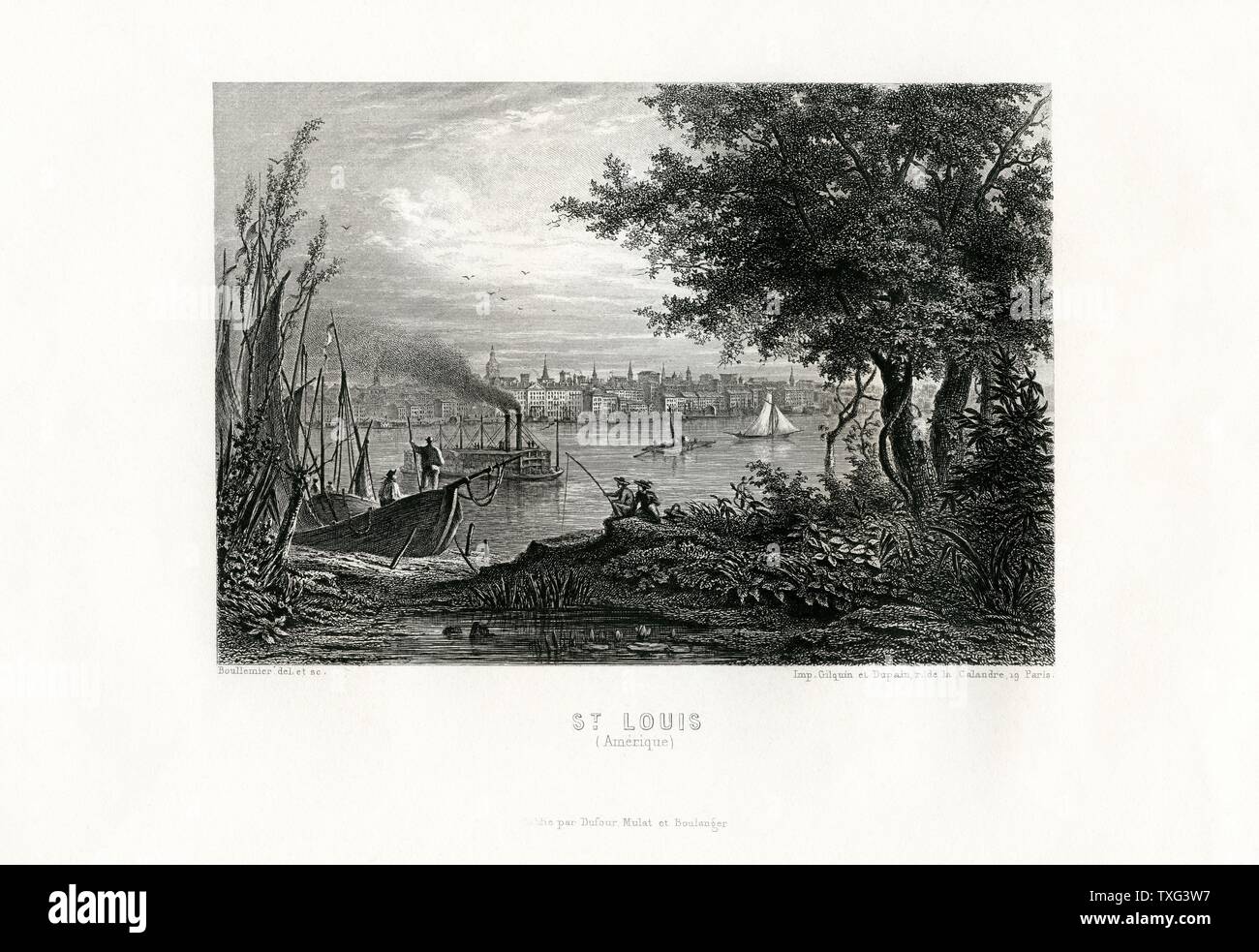 View of the port city of Saint-Louis in Missouri, USA. Engraving by ...