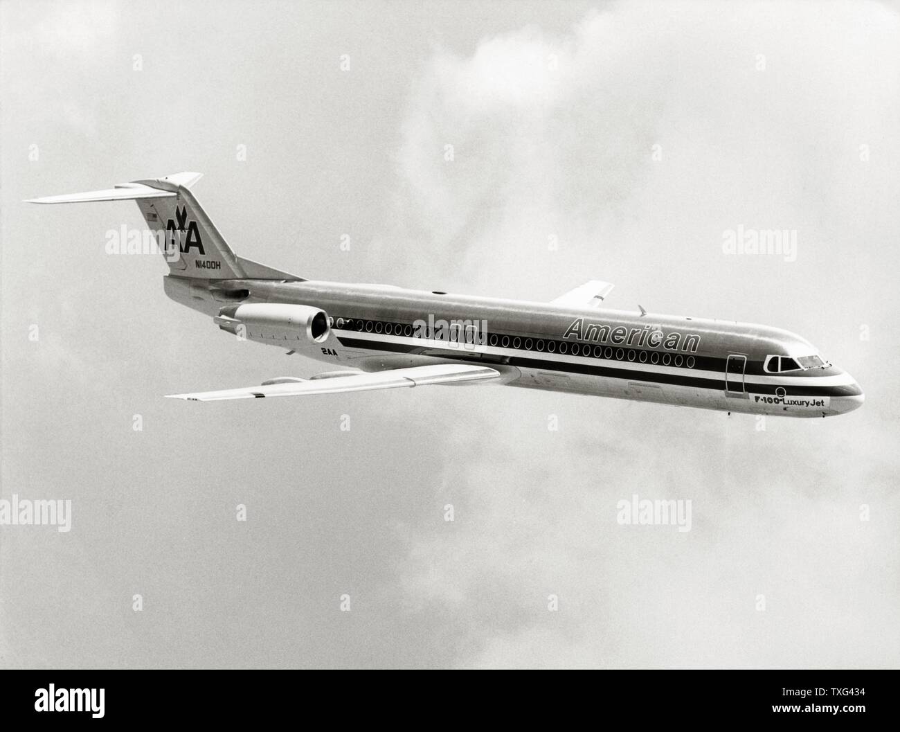 The medium-sized jet airliner Fokker F100 during a test flight. 1986 ...