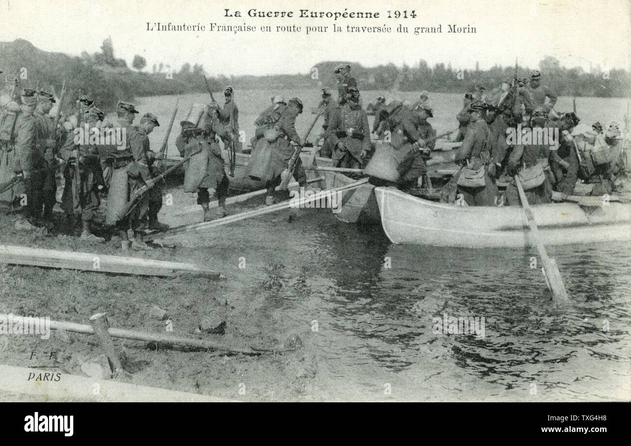 Postcard representing French soldiers crossing the Grand Morin river ...