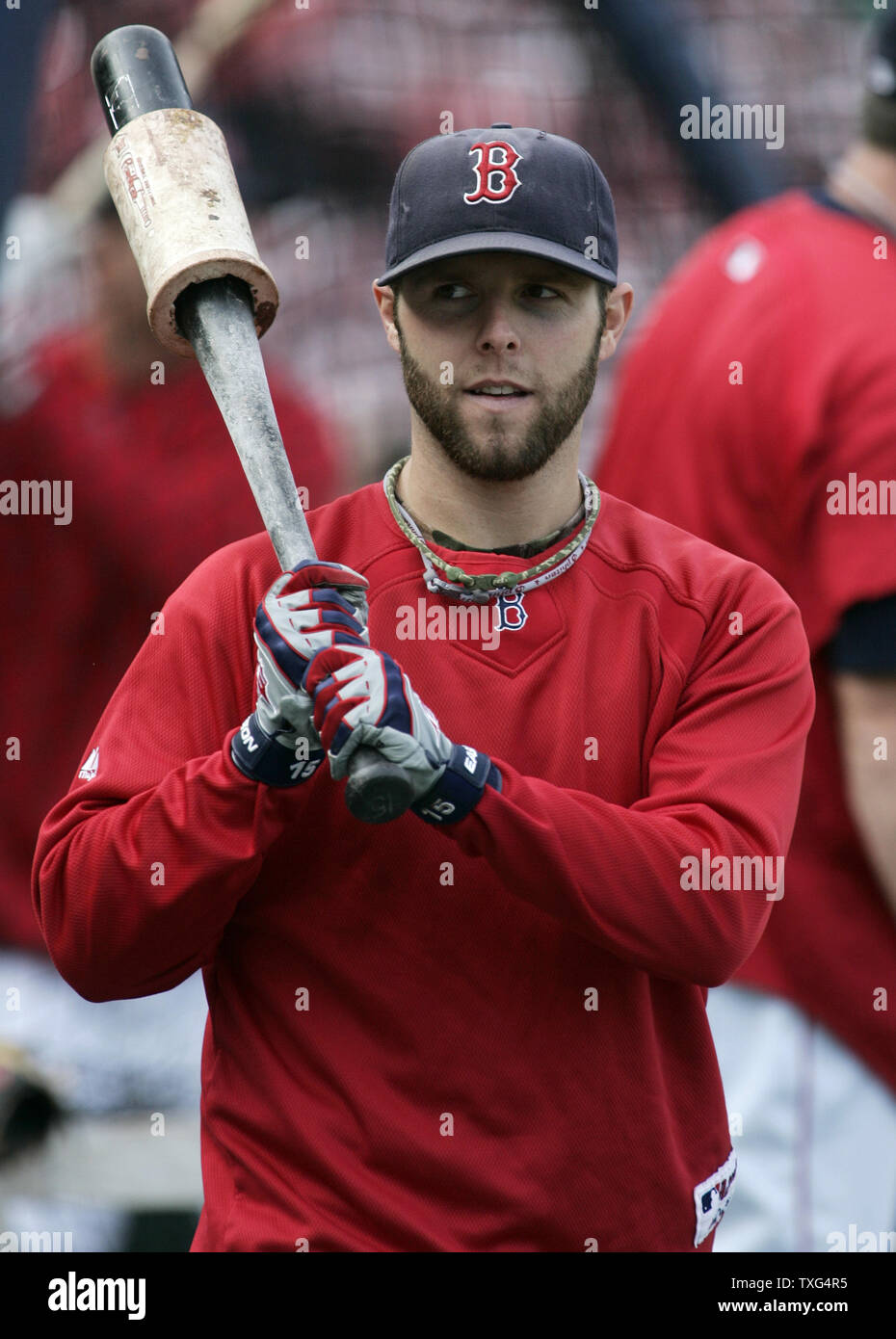 Dustin Pedroia of the Boston Red Sox takes batting practice before game ...