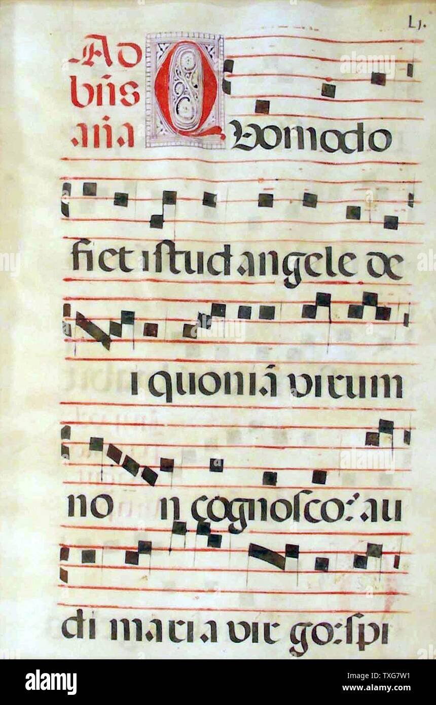 Leaf of Antiphonal or Choir Missal on vellum. Notation is on the five ...