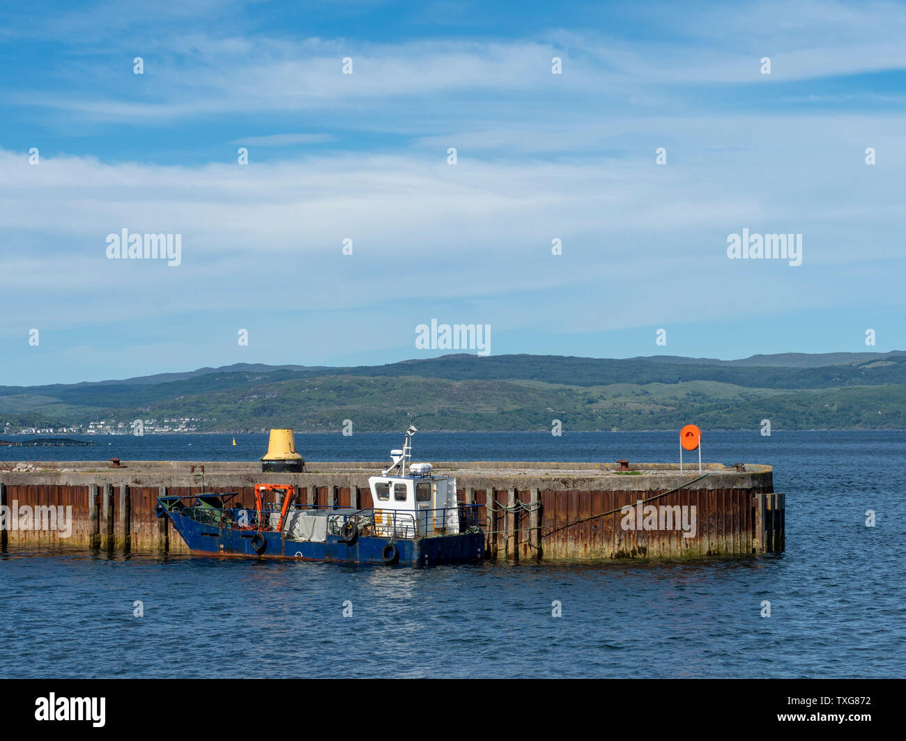 Boat at Portavadie Pier, with Loch Fyne and Tarbert in the distance ...