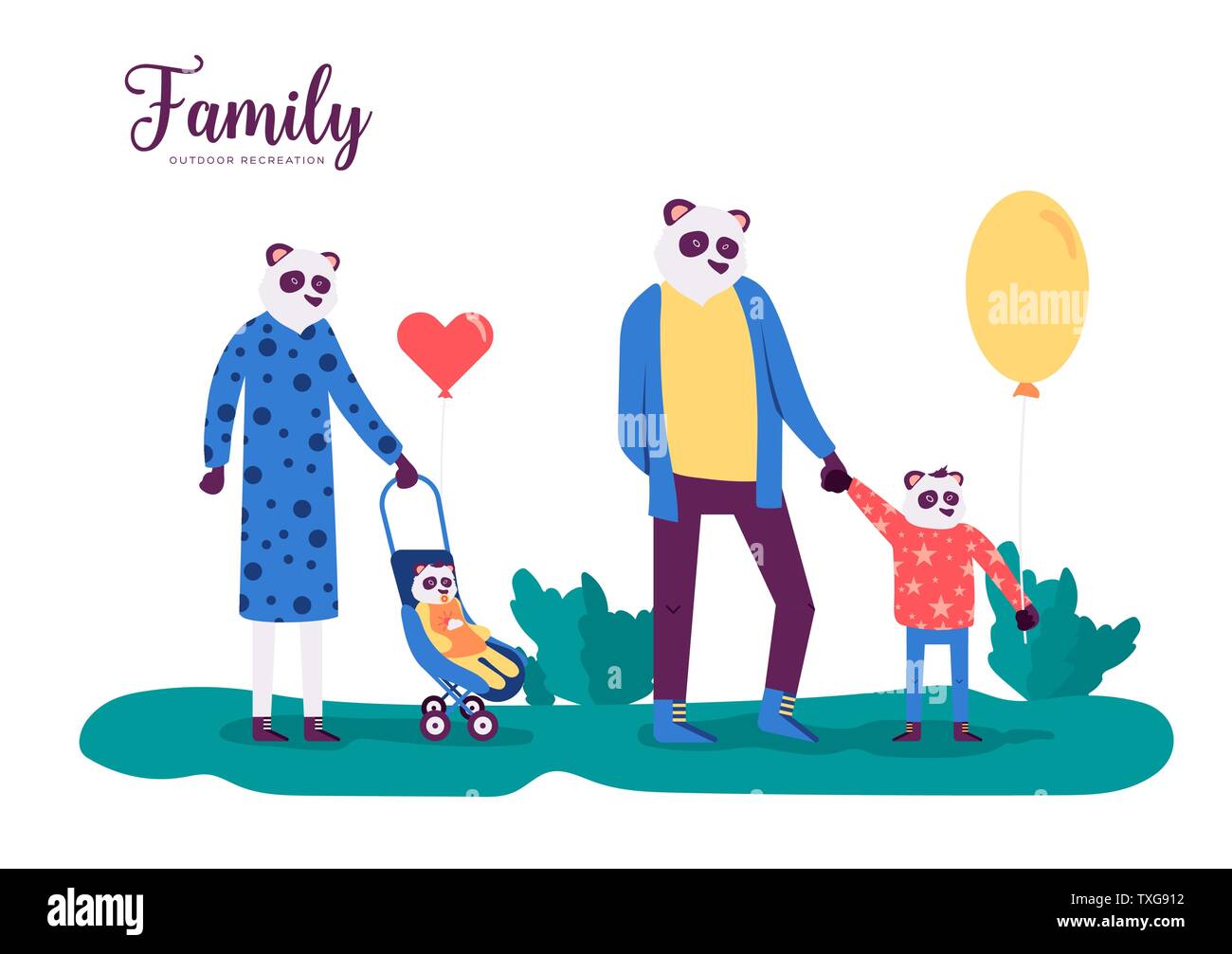 Panda family outdoor activities vector web banner concept. Parents with ...