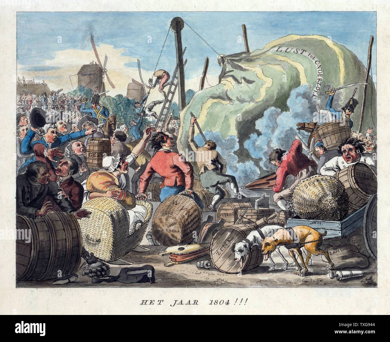 Dutch cartoon, predicting ballooning in 1804. Chaotic scene as an ...