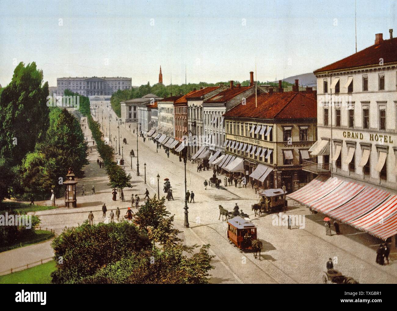 Carl Johan's Gade with Grand Hotel, Oslo (Christiania), Norway 1890 ...