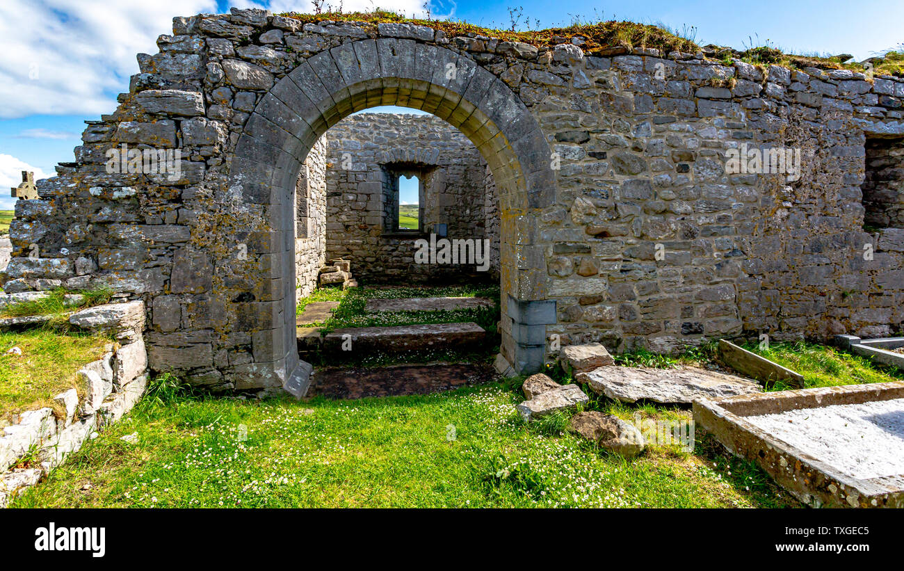 Exterior and interior view of the ruins of the medieval church of ...