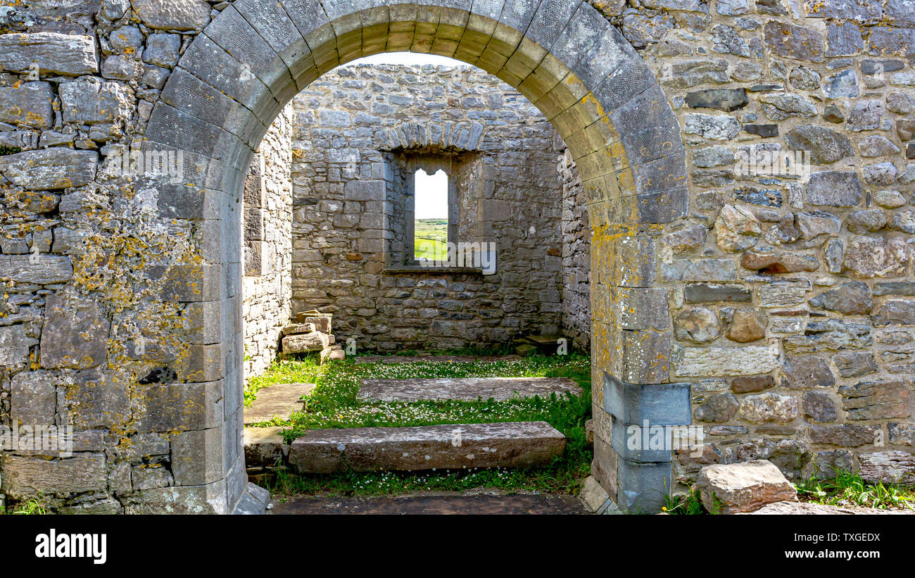 Interior view of the ruins of the medieval Killilagh church through a ...