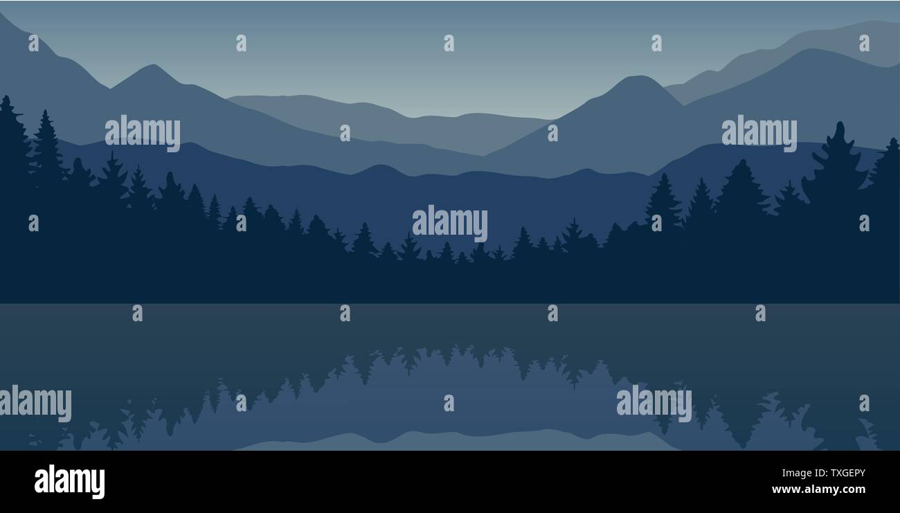 blue forest and mountain nature landscape by the lake vector ...