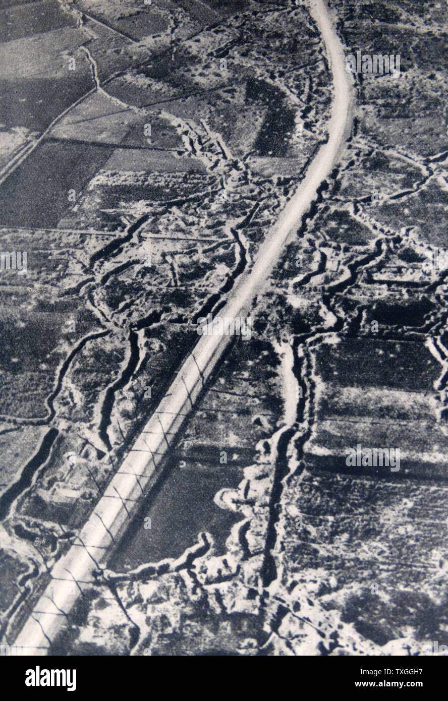 Aerial view of battle trenches at Ypres, Belgium World war one 1917 ...