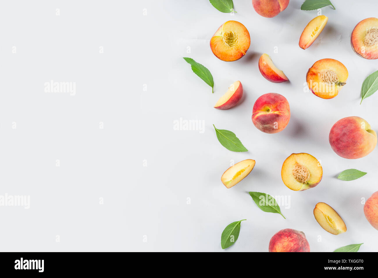 Fresh organic peaches, simple pattern, layout on white background Stock ...