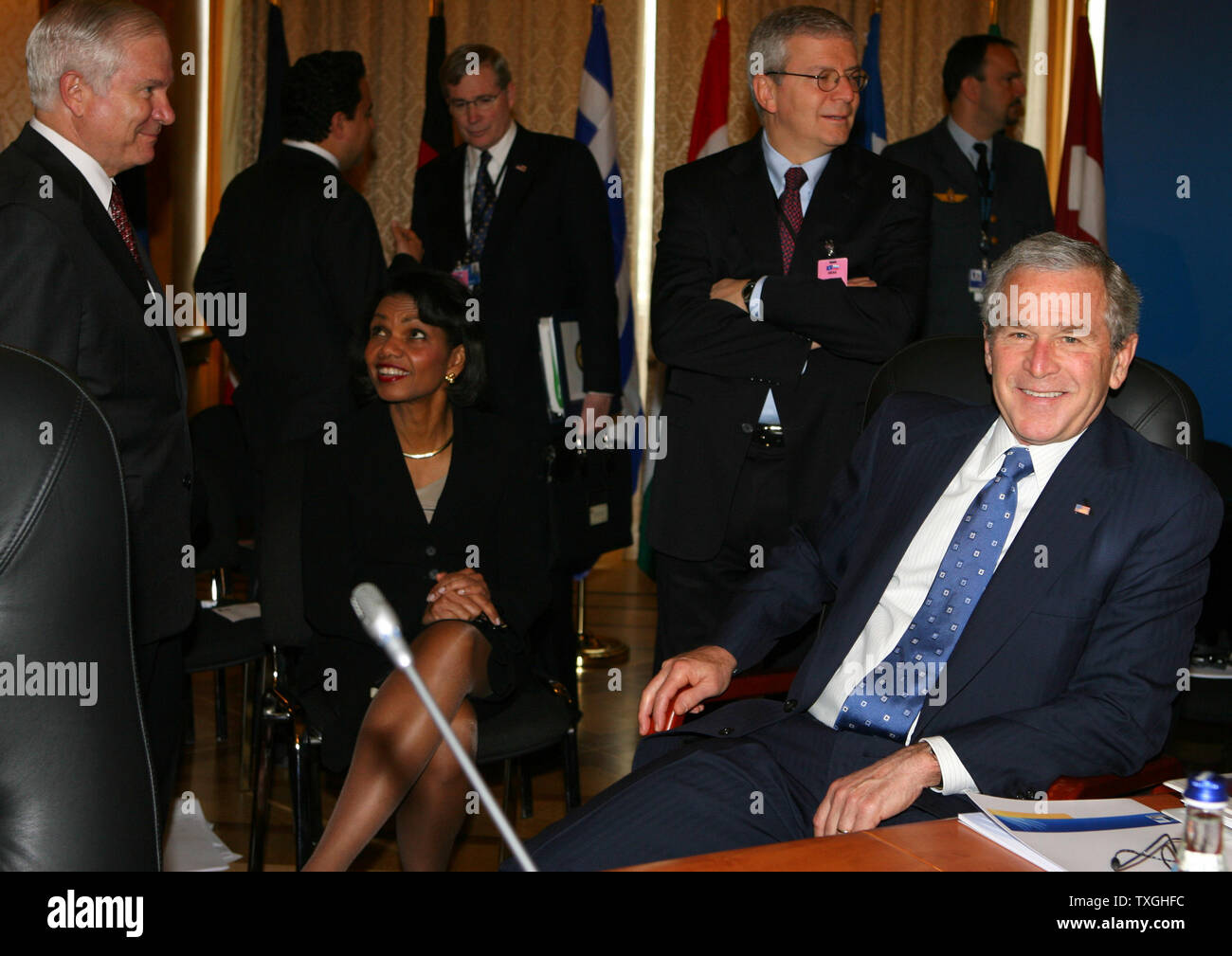 U.S. President George W. Bush (R) with Secretary of State Condoleezza ...