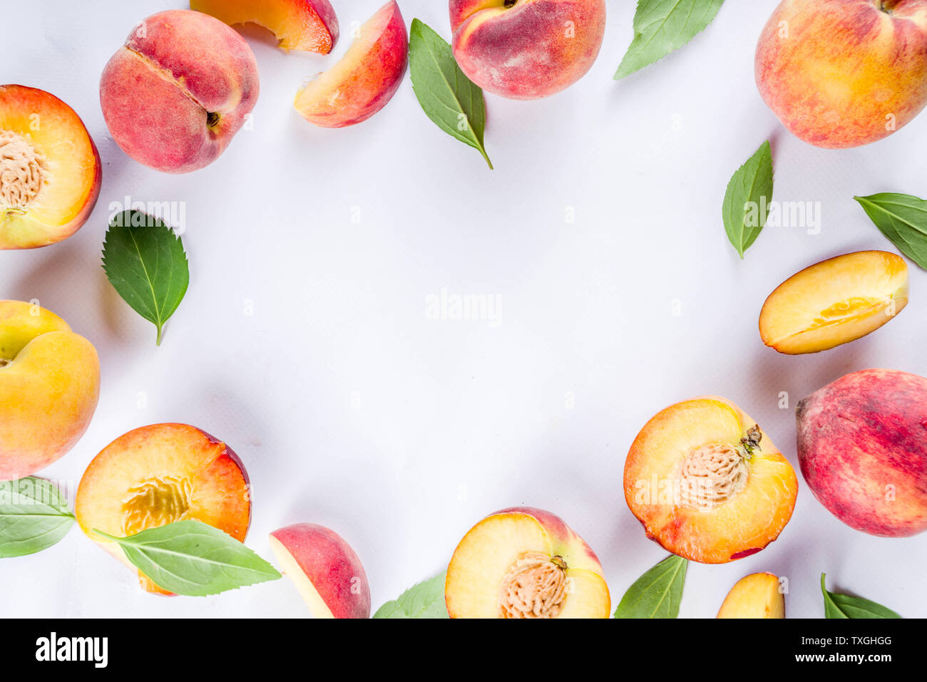 Fresh organic peaches, simple pattern, layout on white background Stock ...