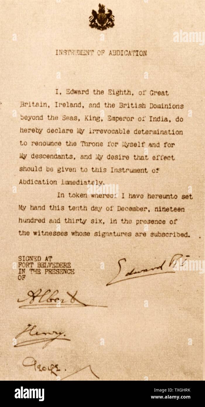 Copy of the document that confirms the abdication of King Edward VIII ...