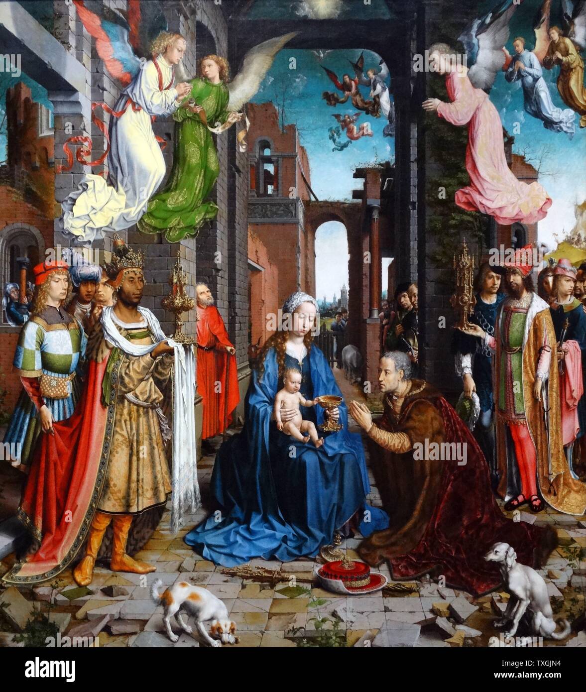Painting titled 'The Adoration of the Kings' by Jan Gossaert (1478-1532) a French painter and ...