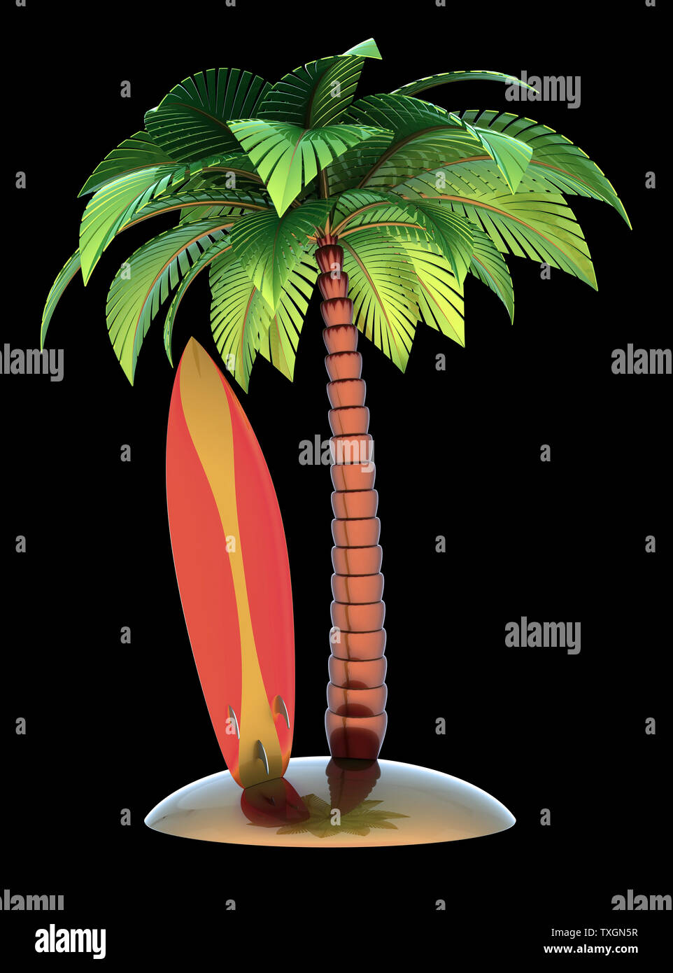 surfboard palm tree on island beach stylized. summer vacation, surf ...