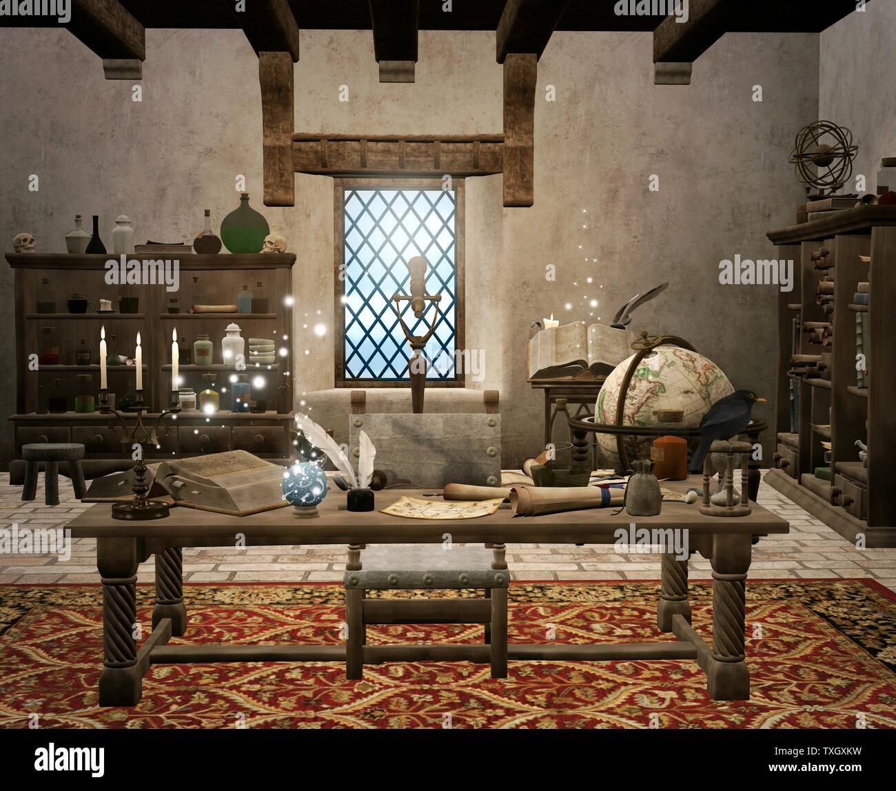 Wizard black magic room with a raven on the table Stock Photo - Alamy