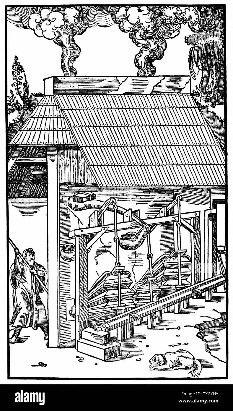 Bellows operated by camshaft powered by water wheel. (just visible at ...