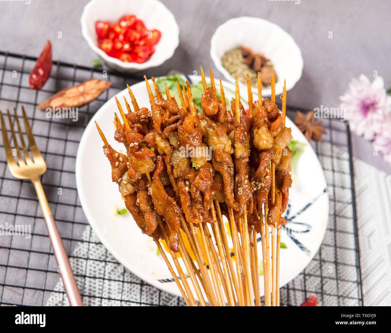 Iron plate barbecue lamb kebab, duck gizzard, lamb, pork beef Stock ...