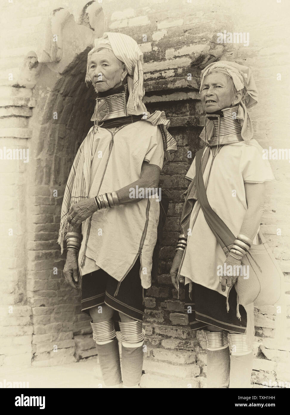 Double female portrait of ethnic people with unusually elongated necks ...