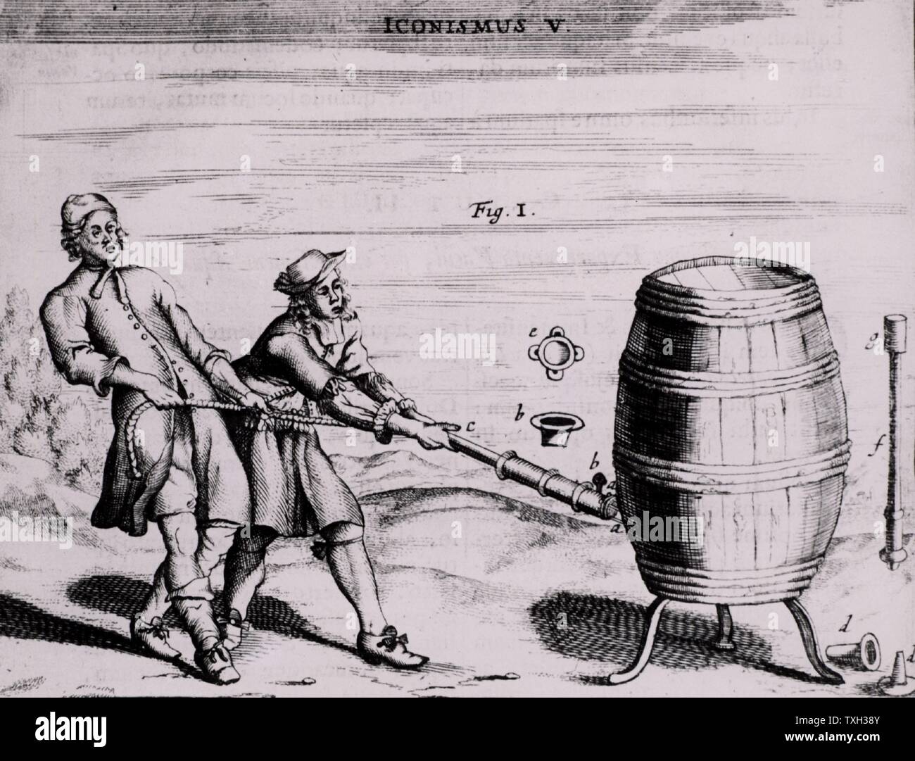 Von Guericke's first air pump being used to remove the air from a ...