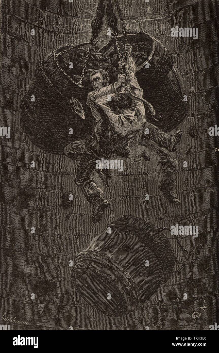 Coal tubs colliding in a pit shaft leaving the men riding on them ...