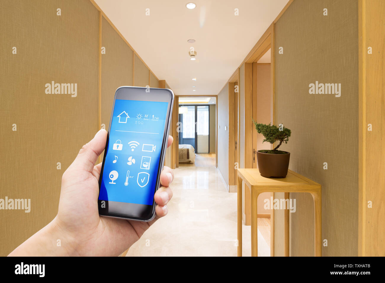 smart phone with smart home with modern corridor Stock Photo - Alamy