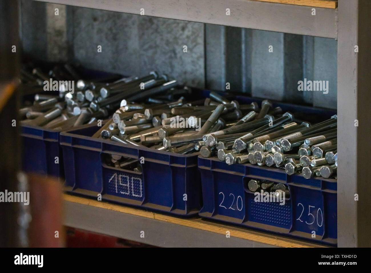 Blue plastic tray for sorting metal bolts in warehouse Stock Photo - Alamy