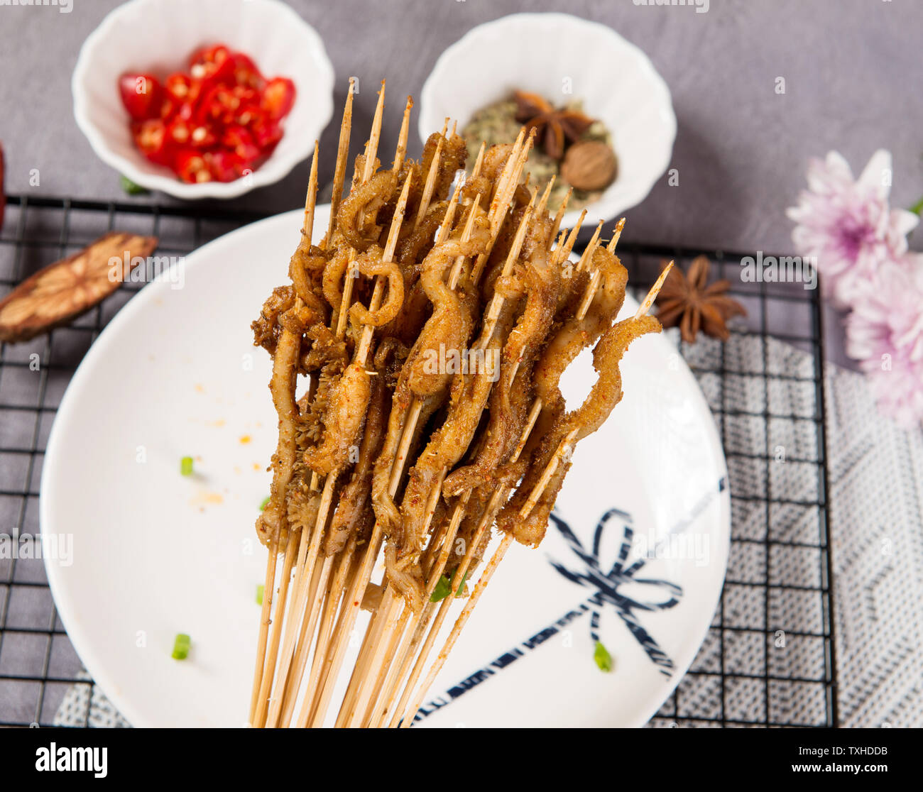 Iron plate barbecue lamb kebab, duck gizzard, lamb, pork beef Stock ...